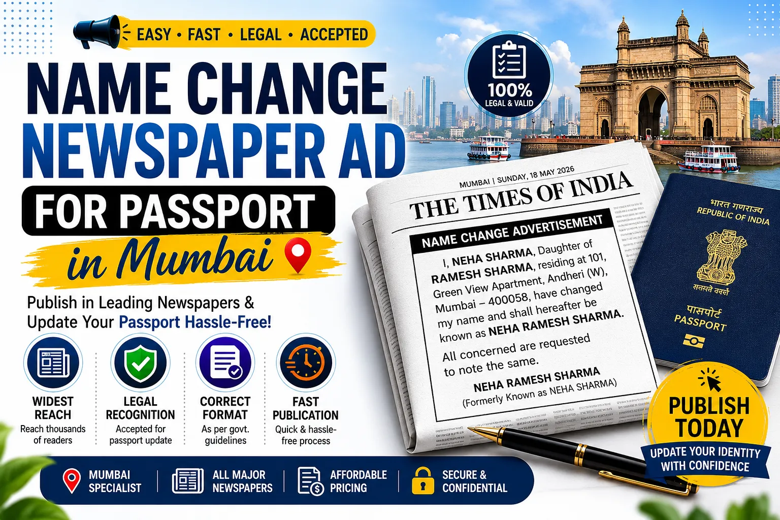 Name Change Newspaper Ad for Passport in Mumbai